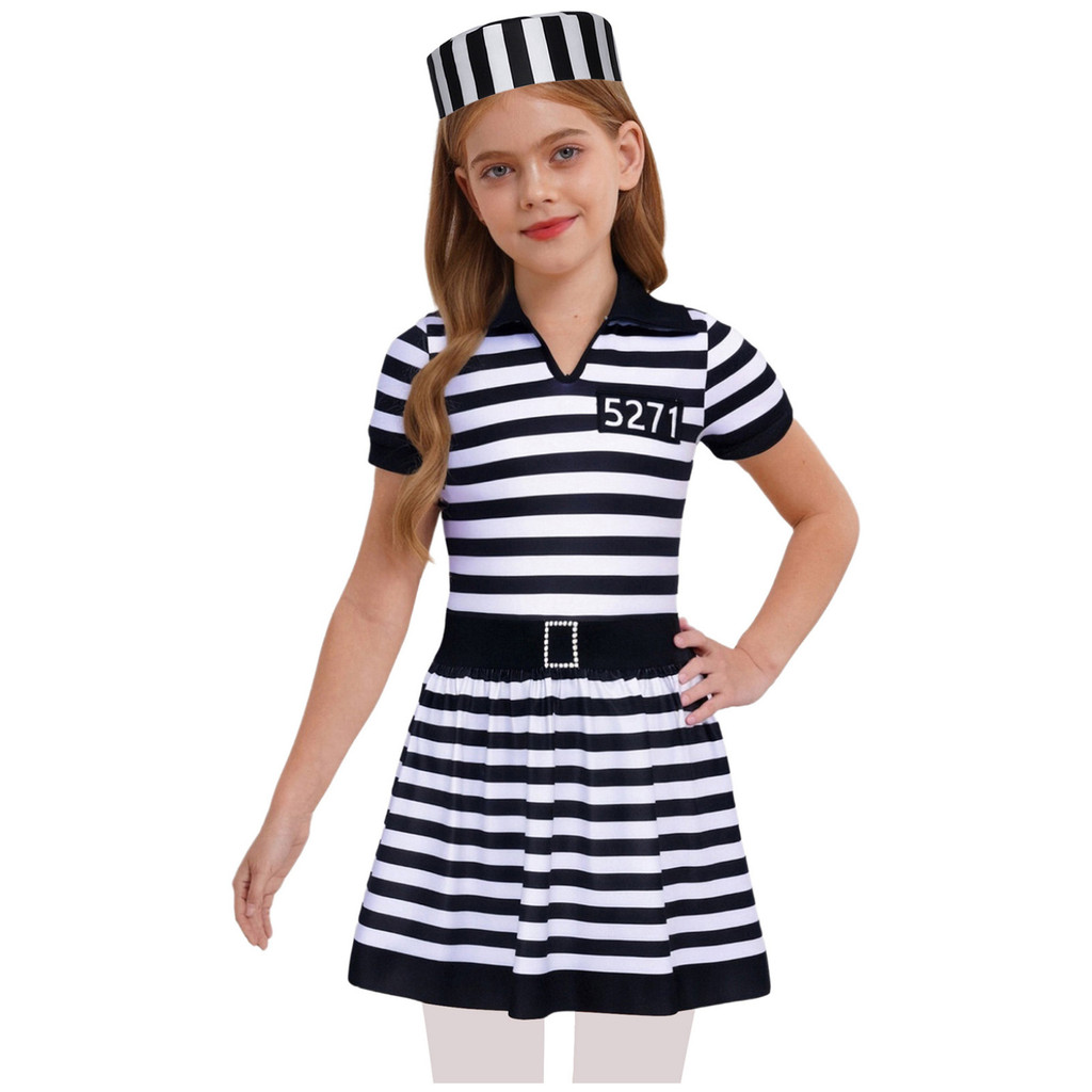 Oyolan Girls Prisoner Inmate Criminal Costume Striped Jailbird Dress ...