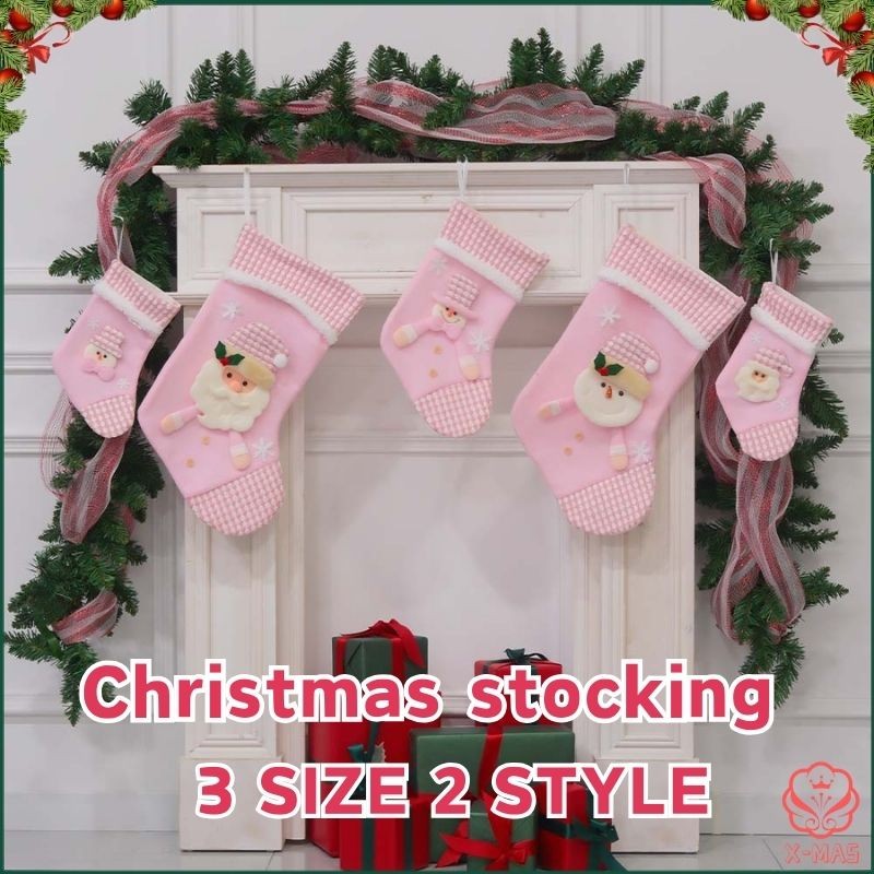 Pink Christmas Stocking Santa Snowman Xmas Hanging Socks Christmas Tree ...