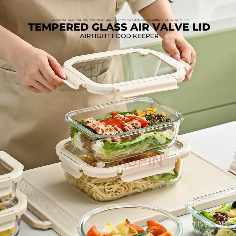 Locaupin Tempered Glass Air Valve Lid Airtight Food Container ...