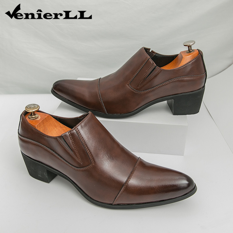 Men's Leather Pointed Toe Block Heels Slip-on Oxford Shoes Comfort ...
