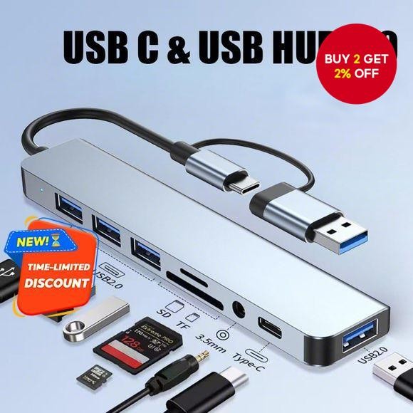 USB Port HUB 8 in 2 Type C Expander with TF SD Reader 3.5mm PD Audio ...