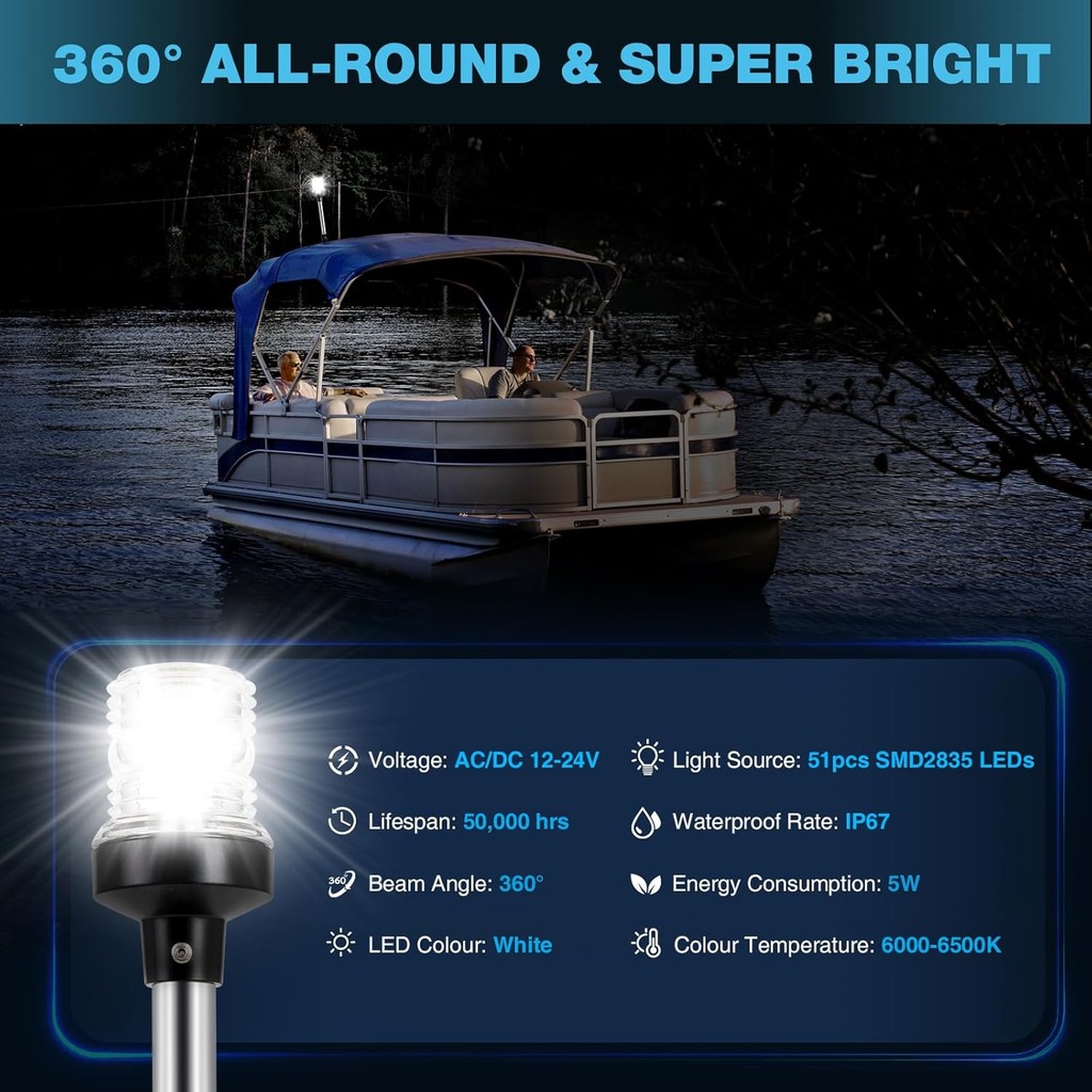 12 Inches Anchor Light Boat Stern Light Waterproof IP67, White Fold ...
