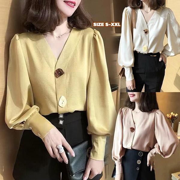 High-end Satin Shirt V-neck Blouse,Retro Soft Lantern Sleeves,Autumn ...