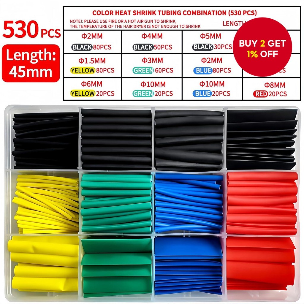 Heat Shrink Tubing Kit - 530 Pieces: 6 Colors, 8 Sizes, 2:1 Shrink ...