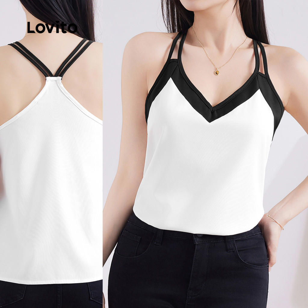 Lovito Women Casual Plain Contrast Collar Colorblock Summer Spring ...