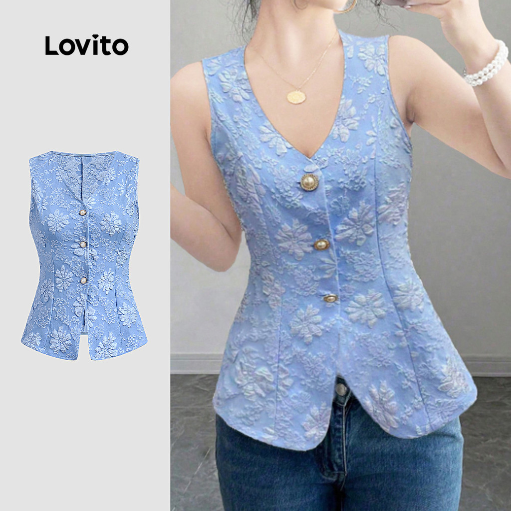Lovito Women Boho Top Button Front Spring/summer Blue Top L149ED365 ...