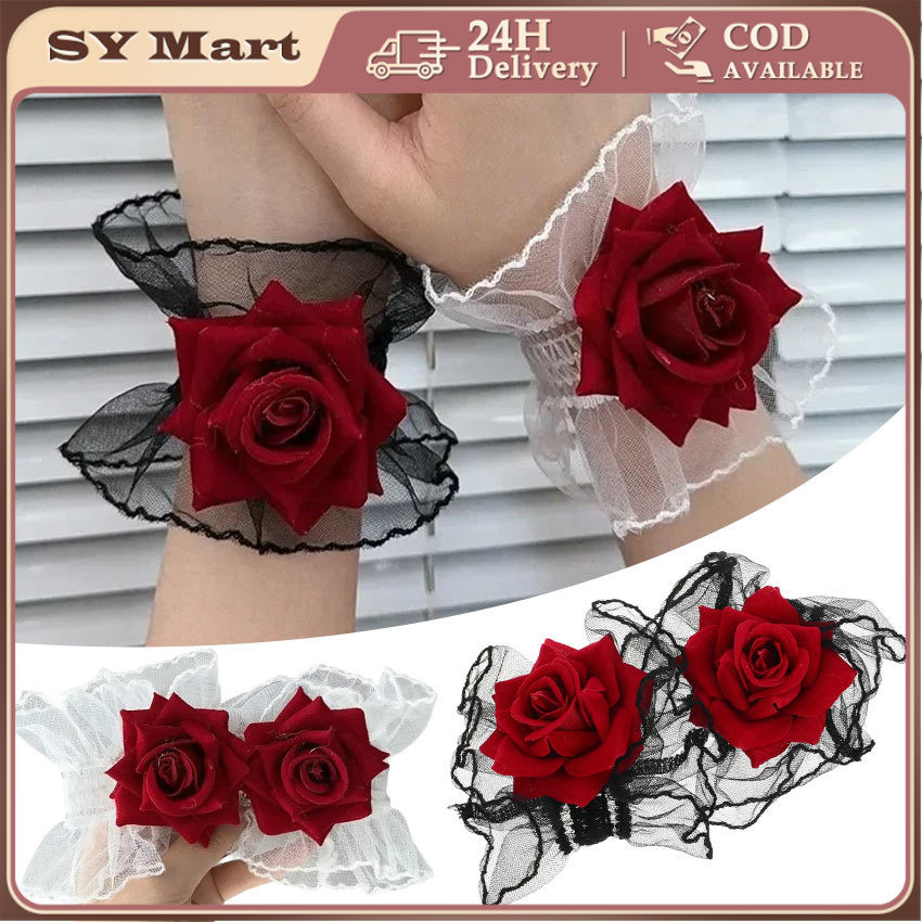 SYMart Gothic Red Rose Wristband Flowers Mesh Hand Ornaments Ruffle ...