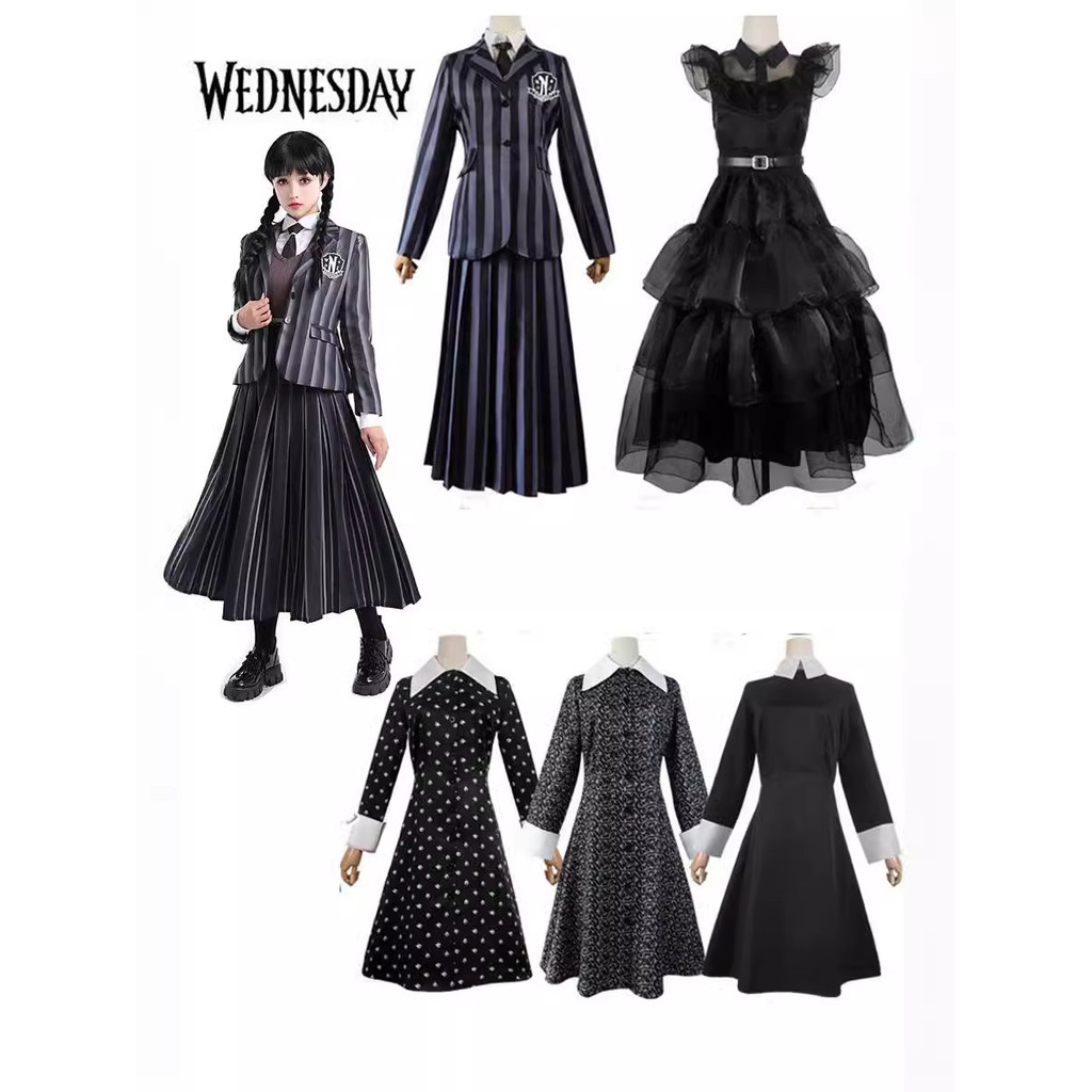 Cosplay Wednesday Addams Dress For Girl Kids Movie Costumes Black ...