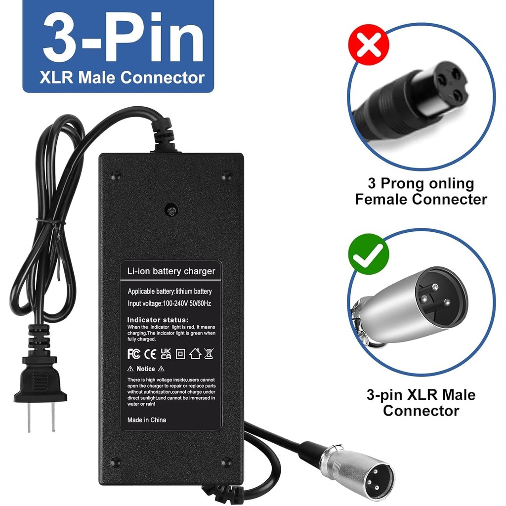 42V 2A 3-Pin Male XLR Charger for Razor MX500, MX650, GT GT750, Izip ...