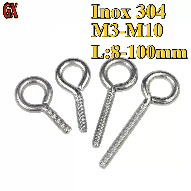 Stainless Steel Eyebolt Inox 304 M3 M4 M5 M6 M8 M10 (L8-100mm) Heavy Duty Lifting Eye Nuts Screw ...