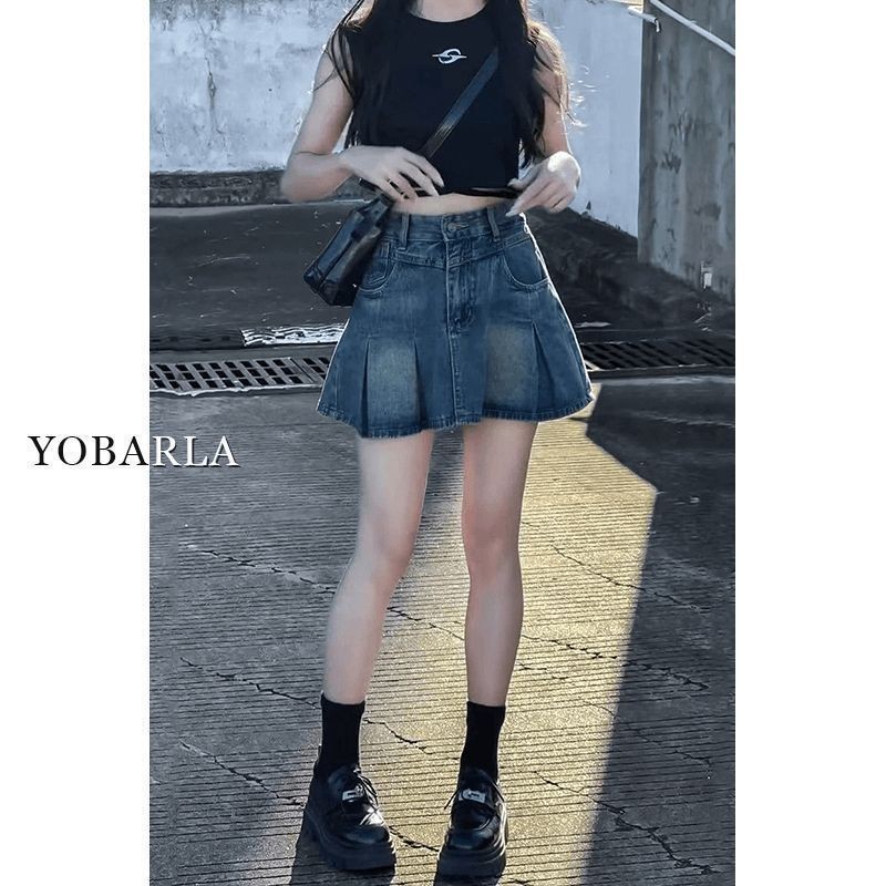 Korean Summer Women Retro Blue Denim Pleated Mini Skirt Cotton Plus ...