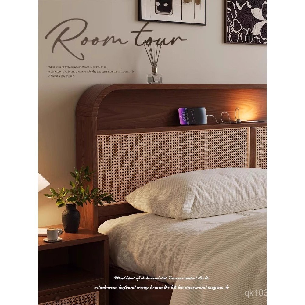 Nordic Solid Wood Rattan Woven Bed Wabi-Sabi Style1.8m Double Bed1.5m ...