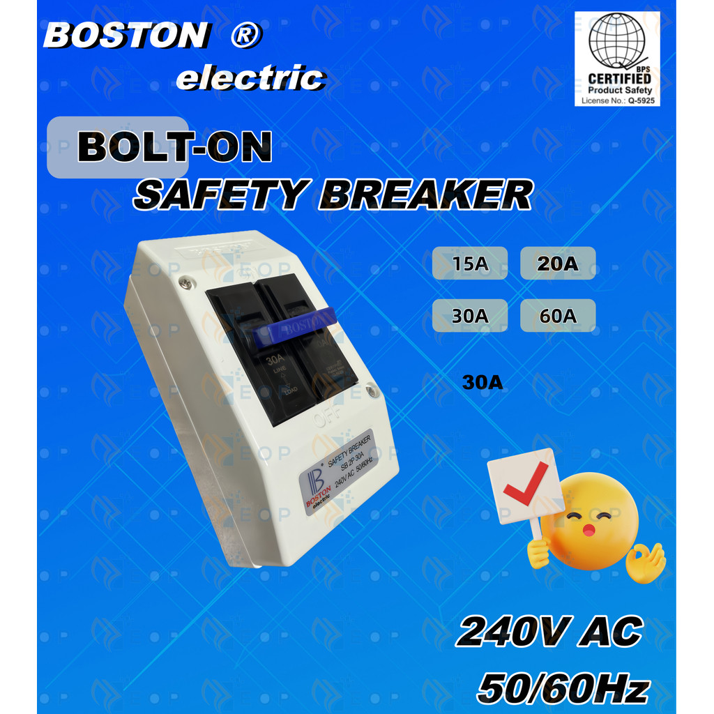 BOSTON SAFETY BREAKER W/UNIVERSAL OUTLET BOLT-ON SB 2P-3S 240v 15A 20A ...