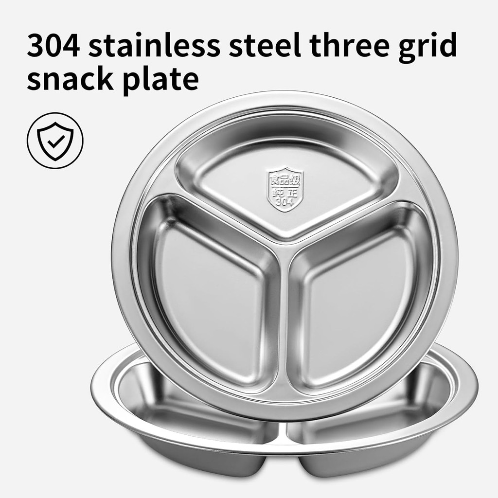Set of 2 Stainless Steel Round Divided Plates, 9.5-Inch 3-Section ...