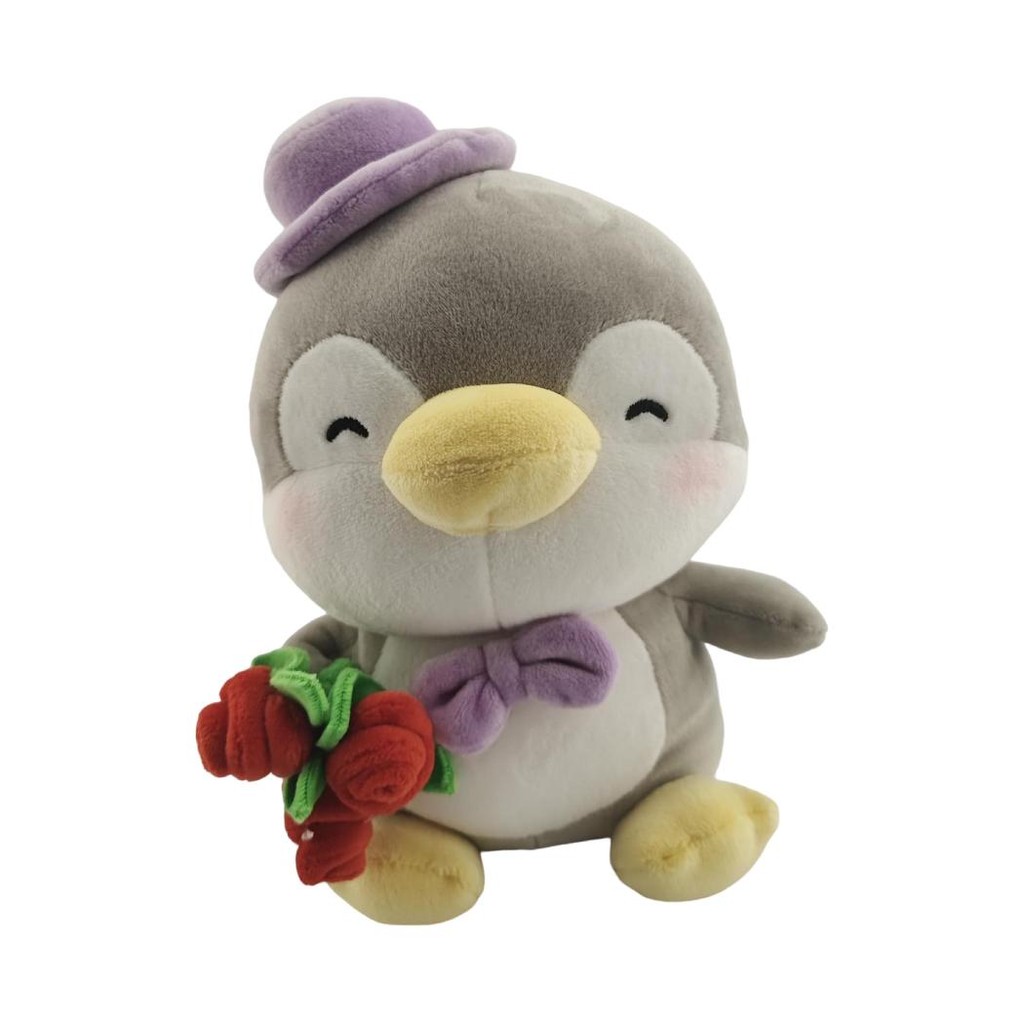 MINISO Mini Family - 8in. Sitting Plush Toy(Holding-Flower Gray Penguin ...