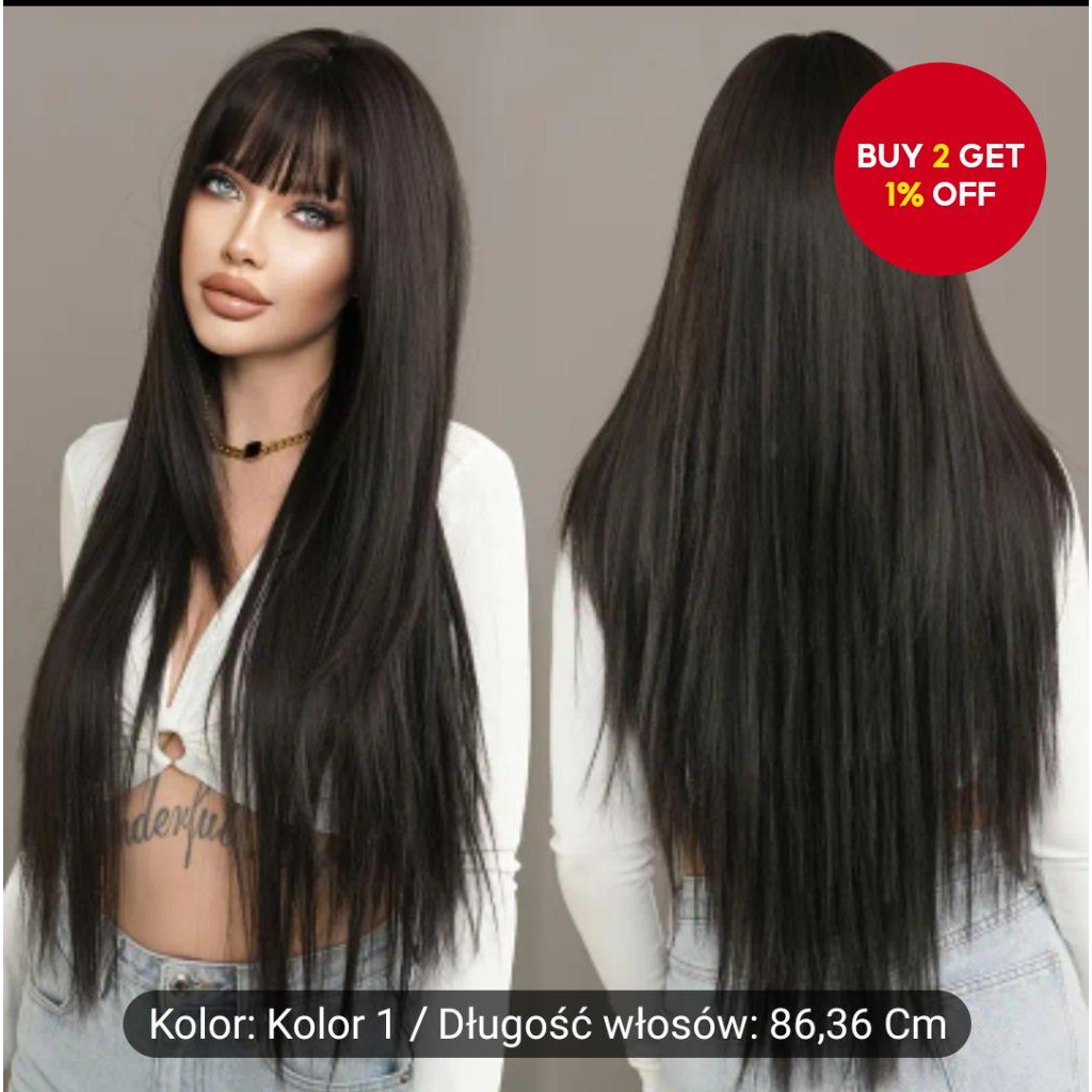 Wig 85cm Extra Long Straight Black with Air Bangs Premium Polyester ...