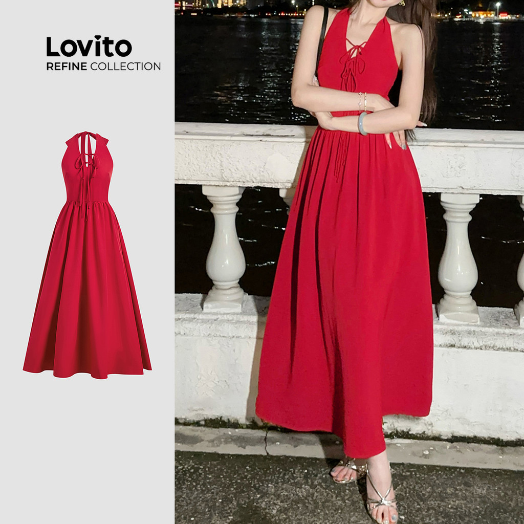 (Lovito Refine) Casual Dress Christmas Holiday Dress Lace Up Bow Spring/summer Red Dress for ...