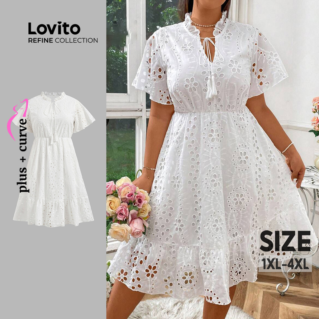 (Lovito Refine) Plus Size Curve Elegant Dress Plain Lace Up Cut Out Summer/Spring Dress for ...