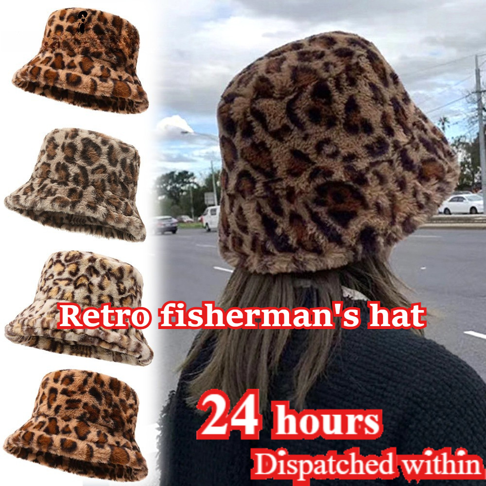 Preferred Warm Retro Leopard Fluffy Fisherman Hats Women Outdoor Plush ...