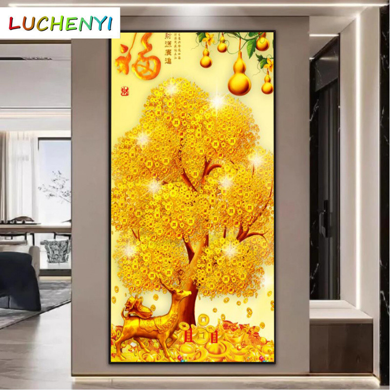 Custom door sticker Golden Wealth Tree, Deer, Good Luck wallpaper ...