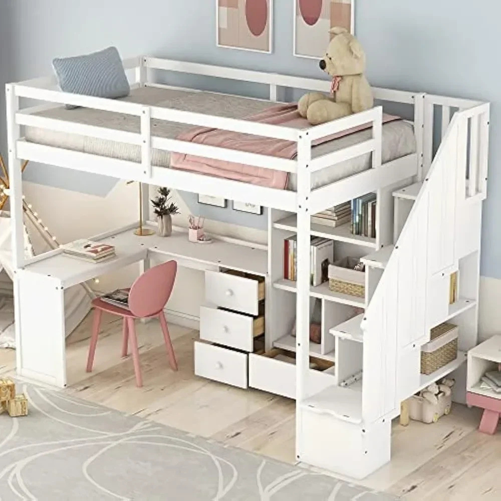 Bunk Beds Twin Loft Bed, Stairs And L-shaped Desk, Solid Wood Loft Bed ...