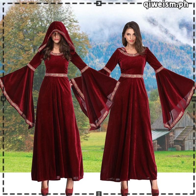 Medieval Vampire Witch Hooded Wine Red Dress Cosplay Halloween Carnival ...