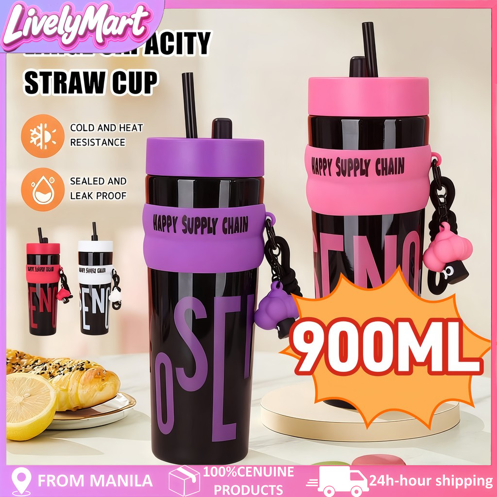 900ML Cute Large Capacity Straw Cup Portable Outdoor Dopamine Color ...