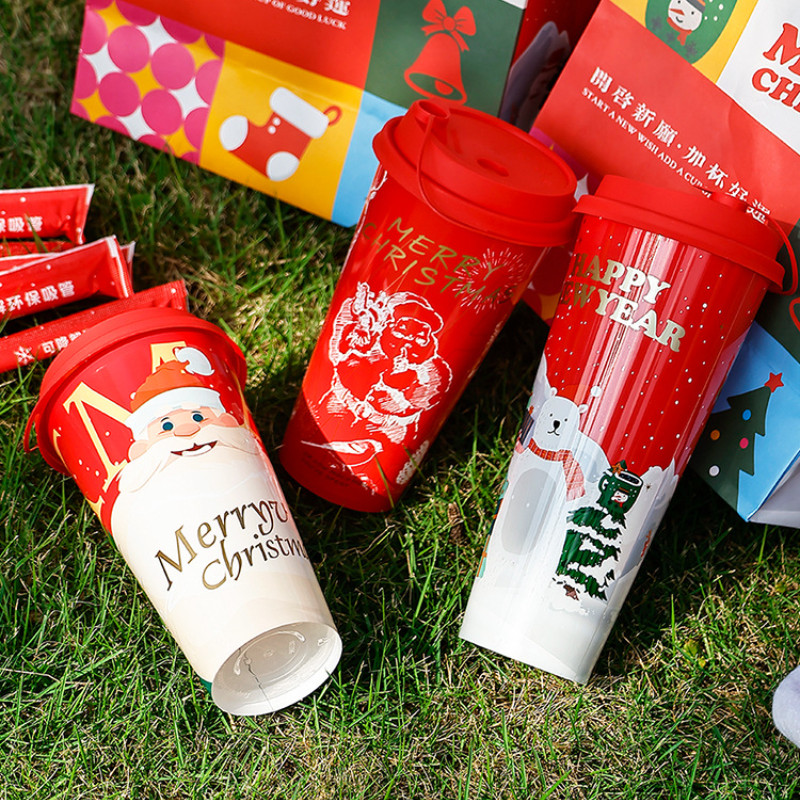 10set 22oz CHRISTMAS Hard Plastic Cup with Cover Xmas Party Supplies ...