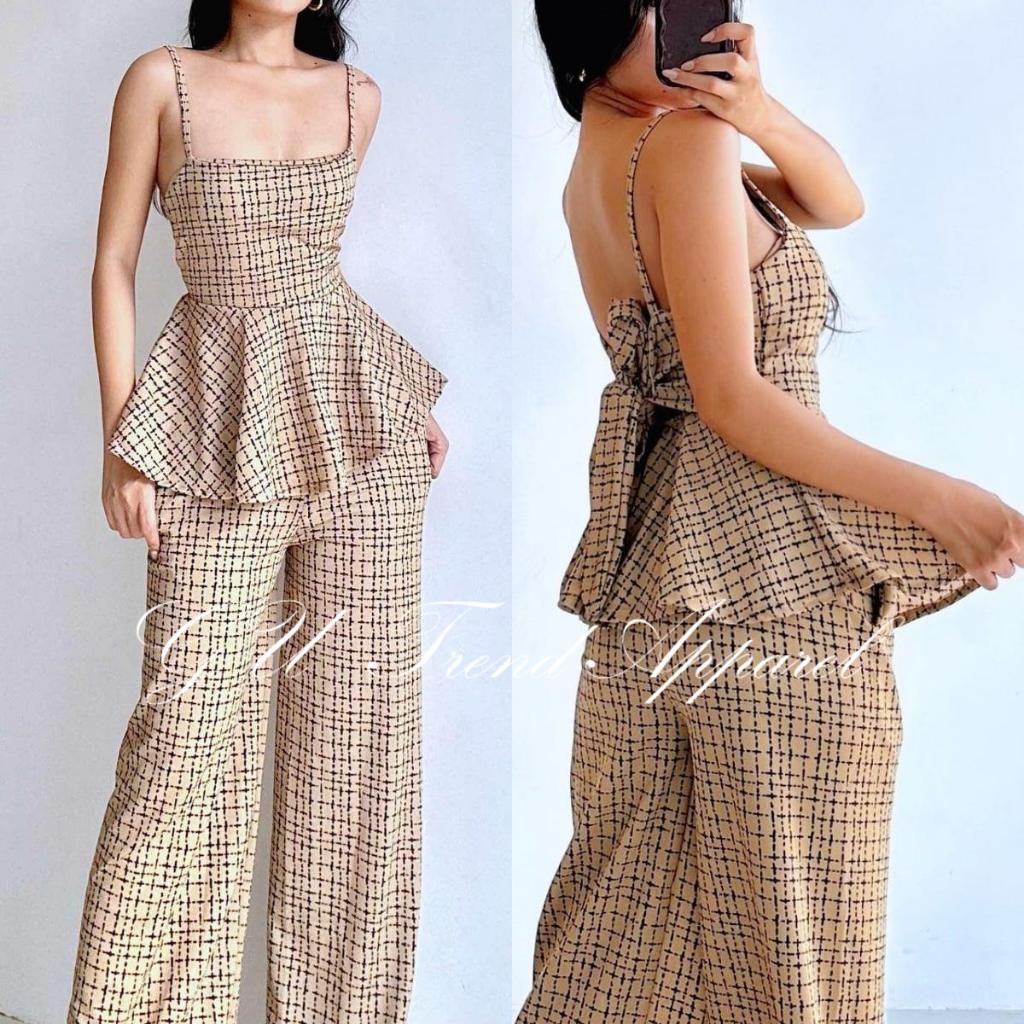 GU Quennie Checkered Print Casual Crepe Terno with Peplum Top and Wide ...