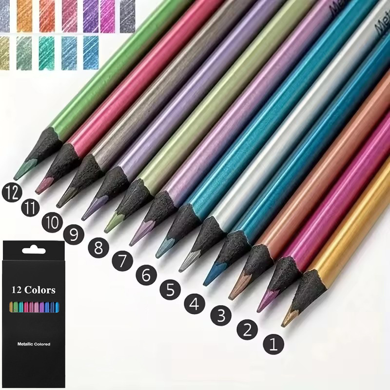 12 Colors Metallic Colored Pencils Set - Pre-Sharpened 3.0mm Soft Core ...