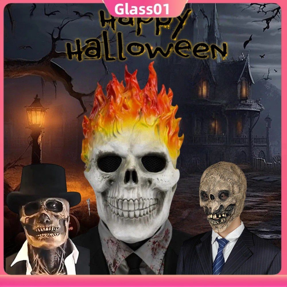 Halloween Ghost Rider Skull Facial Mask Horror Ghost Full Face Latex ...