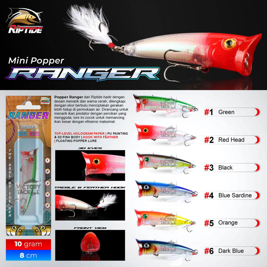 LURE MINNOW Riptide Mini Popper Ranger Floating Popper Lure 8 CM 10 ...
