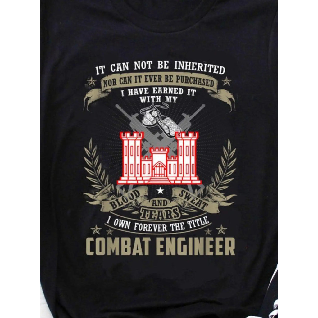 1pc Men's 100% Cotton Military Combat Engineer Graphic T-Shirt - Black ...