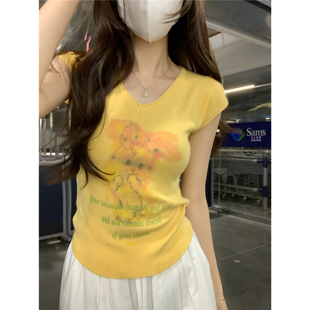 Niche Design Rabbit Print V-Neck Short-Sleeved T-Shirt 2025 Summer New ...