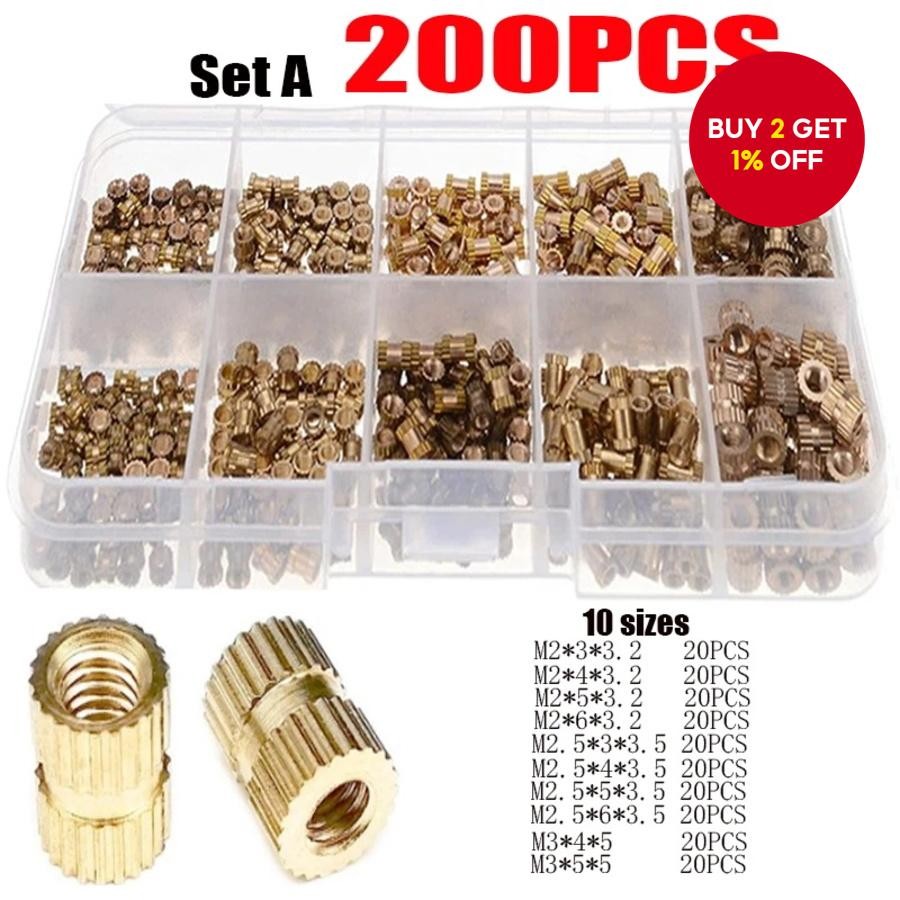 A set of 200Pcs M2 M2.5 M3 Brass Threaded Insert Nuts Kit | DP Knurl ...