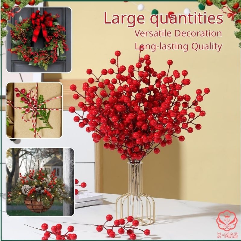 Artificial Red Berry Christmas Tree Decorations Pinecone Branch for ...