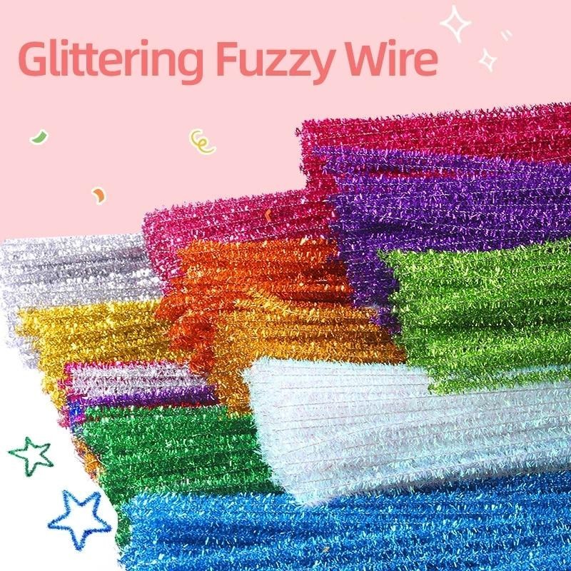 100Pcs Christmas Glitter Fuzzy Wire Chenille Stems Kids DIY Craft Toy ...