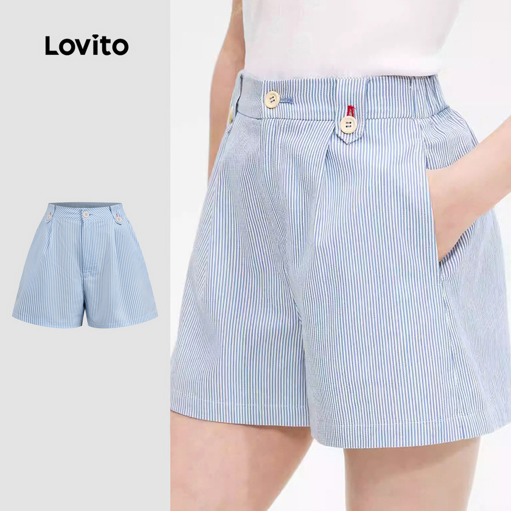 (New) Lovito Women Casual Shorts Button Preppy Style Spring/summer Blue ...