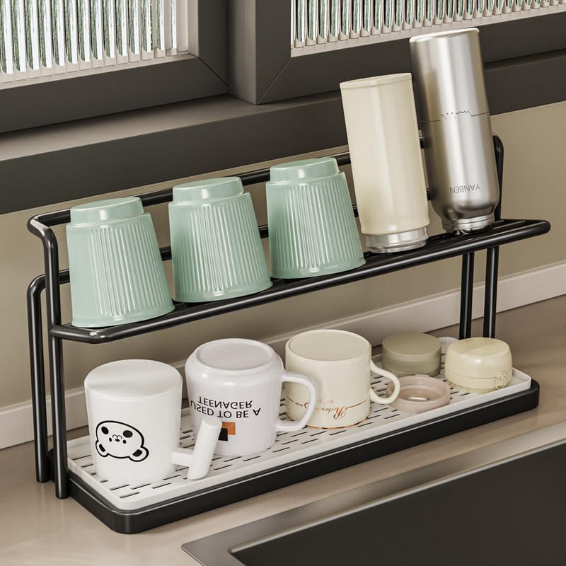 2-Tier Desktop Cup Holder and Tea Storage Rack Kitchen Cup Holder Drain ...