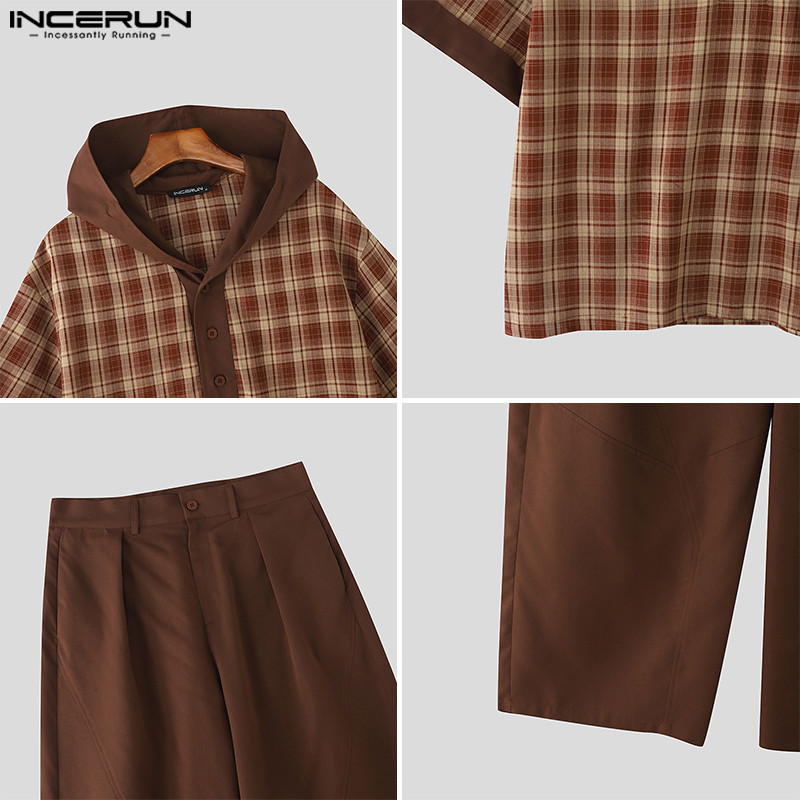 INCERUN Men Korean Street Trendy Half-Button Plaid Hooded High Waist ...