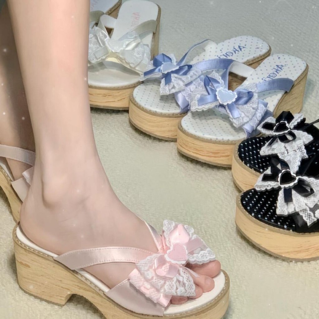 Bow Wood Grain Thick-Soled Japanese Style Thick-Heeled Clogs Shoes cos ...