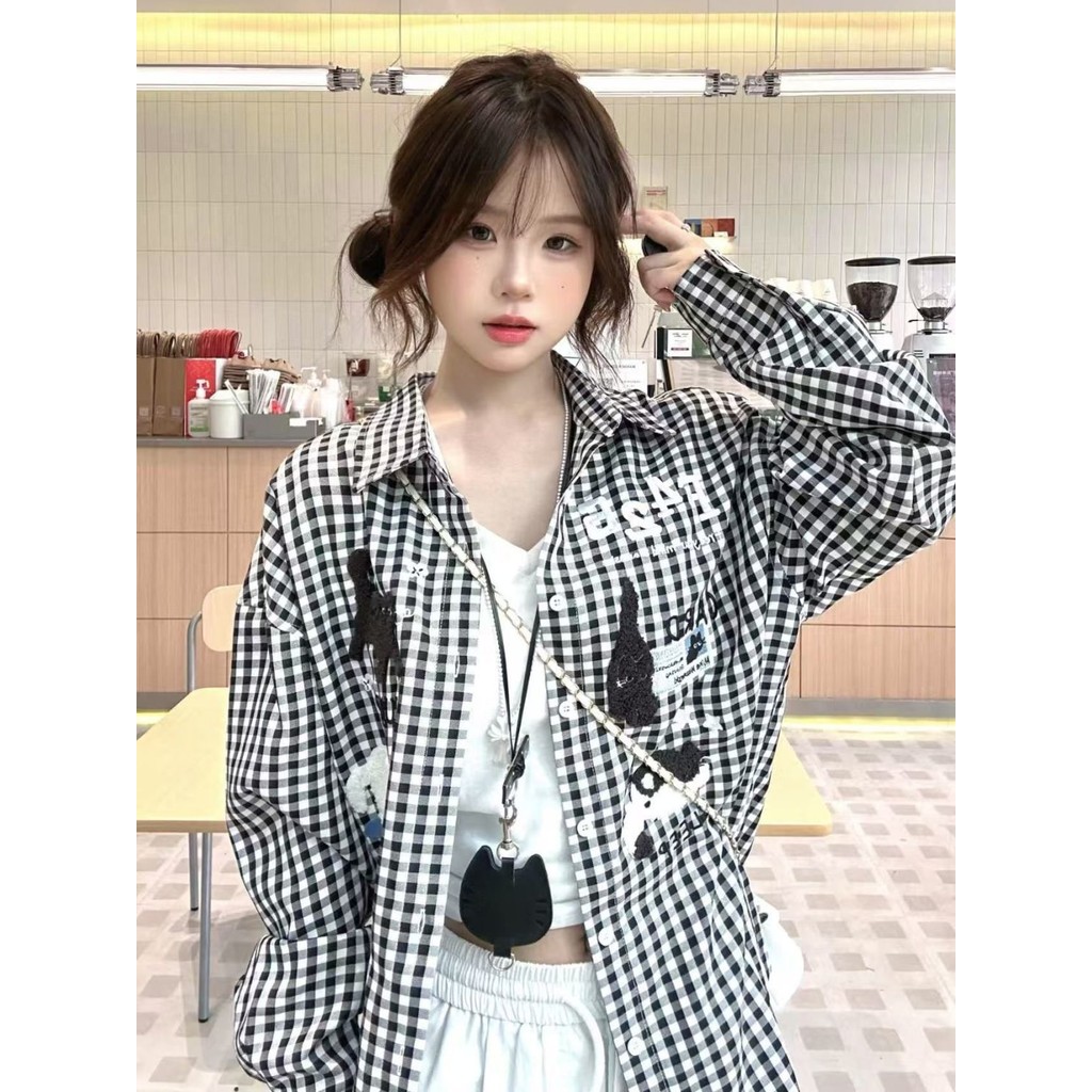 [New Arrivals] Retro Plaid Shirt Women Preppy Style All-Match Cartoon ...