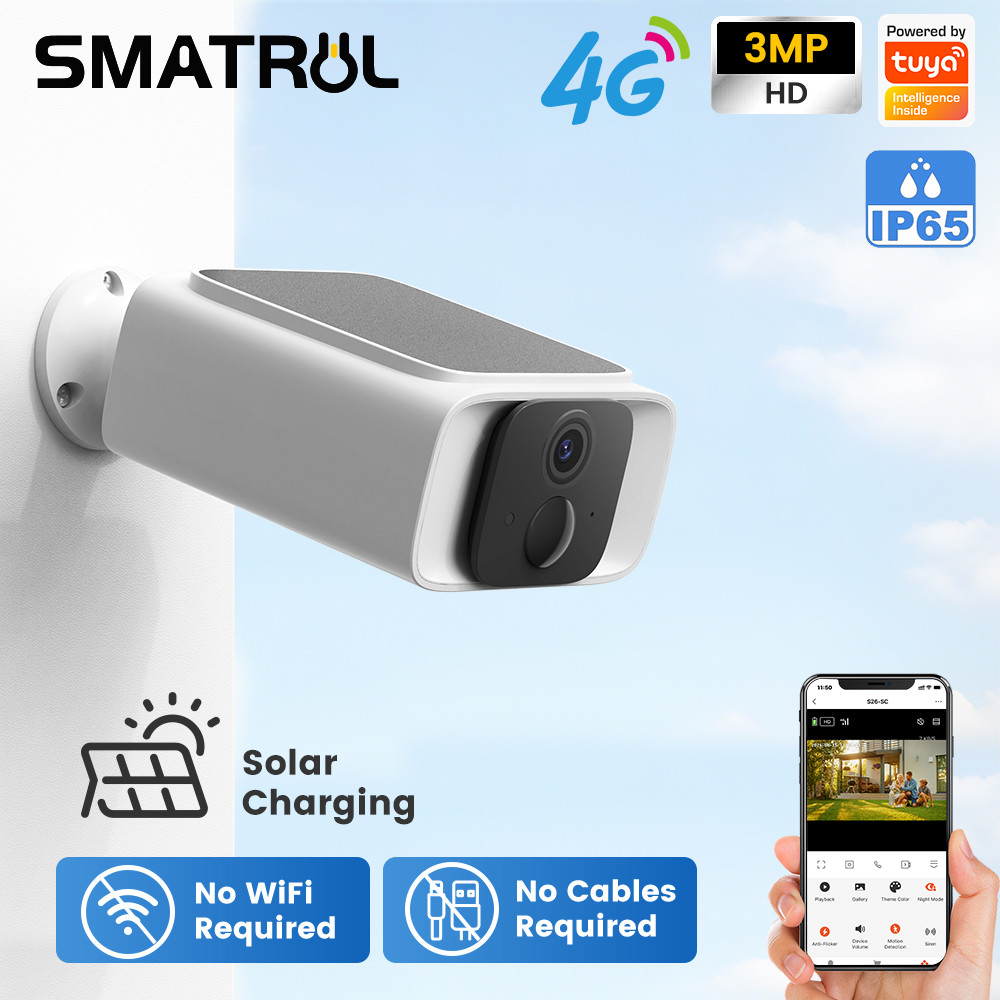 SMATRUL Solar-Powered Outdoor Camera CCTV 4G LTE Signal No Cables Required IP65 Waterproof Smart ...