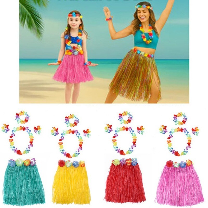 5Pcs Hawaiian Kids Hula Costume Set with Flower Lei & Grass Skirt ...