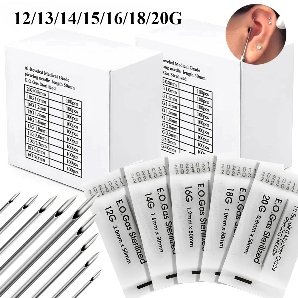 50/100Pcs Disposable Piercing Needles 12G/14G/16G/18G/20G Sterilized ...