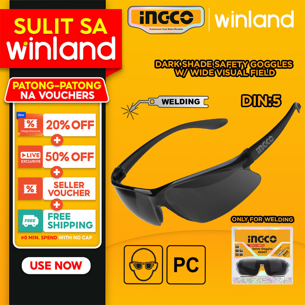 Ingco by Winland Dark Shade Safety Goggles Glass w/ Wide Visual Field ...