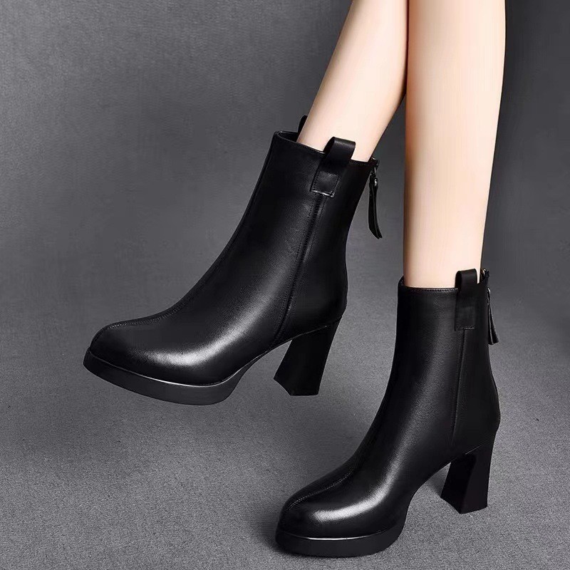 Black High Heels Boots Women's Fashion Mid-calf Thick Heel Motorcycle ...
