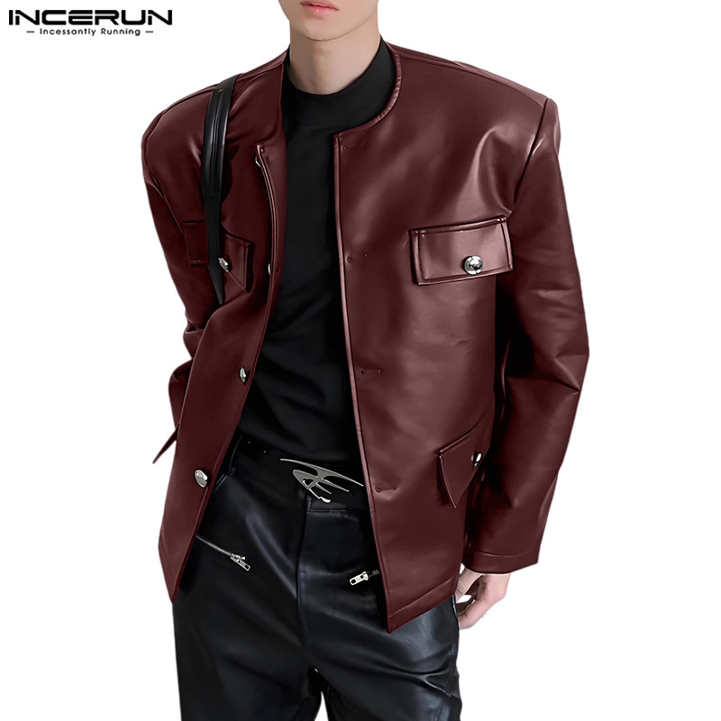 INCERUN Men Korean American Retro Crew Neck Long Sleeve PU Faux Leather ...