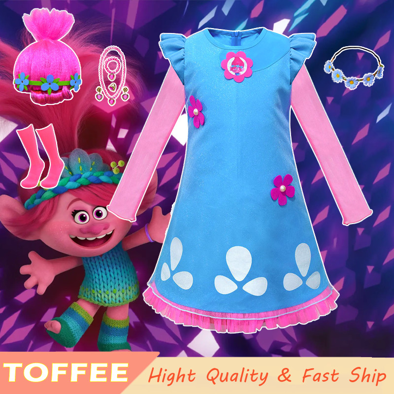 Trolls Poppy Pink Blue Dress For Kids Girl Long Sleeved Halloween ...