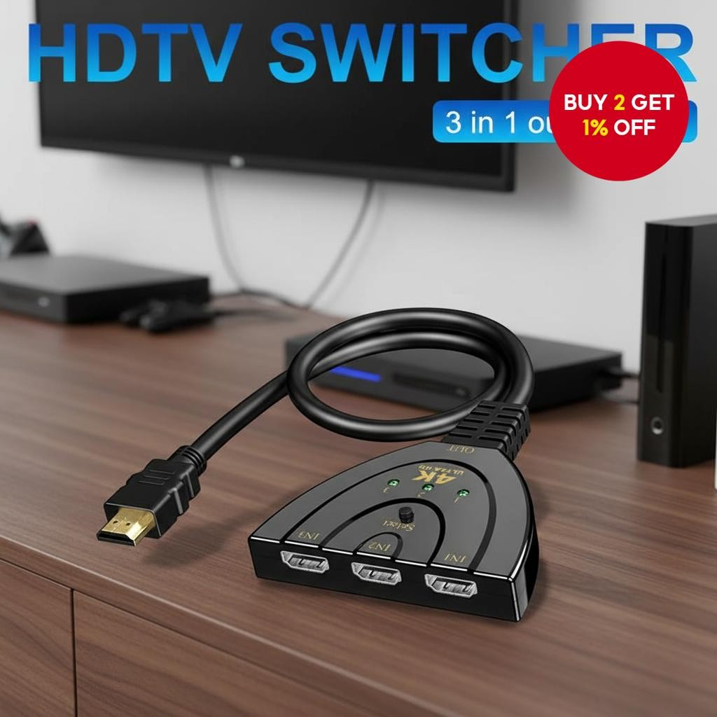 HDMI Switcher 4K 3-Port Splitter with Pigtail HDMI Cable, Multi Adapter ...